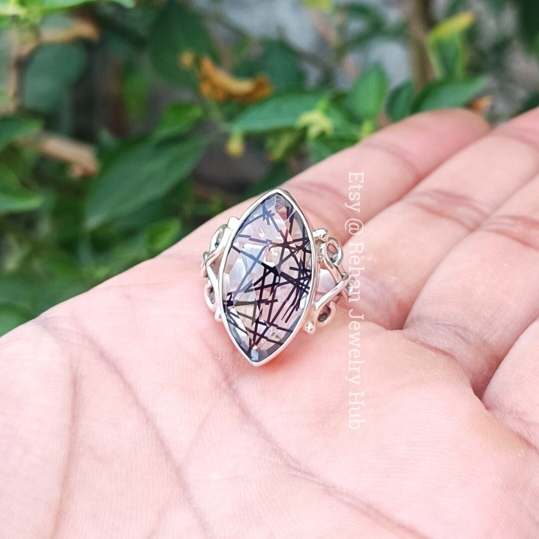 Natural Lovely Rutilated Quartz Ring, 925 Sterling Silver Ring, Black ...