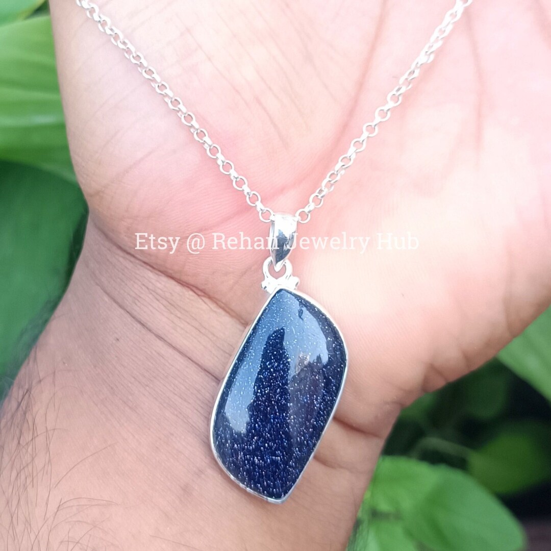 Natural Blue Sunstone Gemstone 925 Sterling Silver Pendant, Goldstone ...