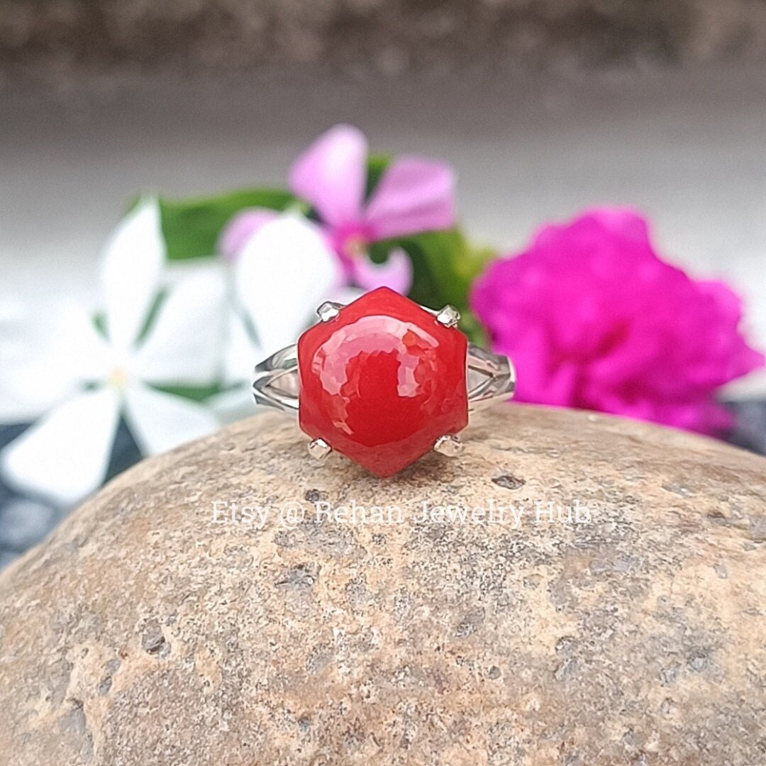 Natural Hexagon Shape Red Coral 925 Sterling Silver Ring, Moonga ...