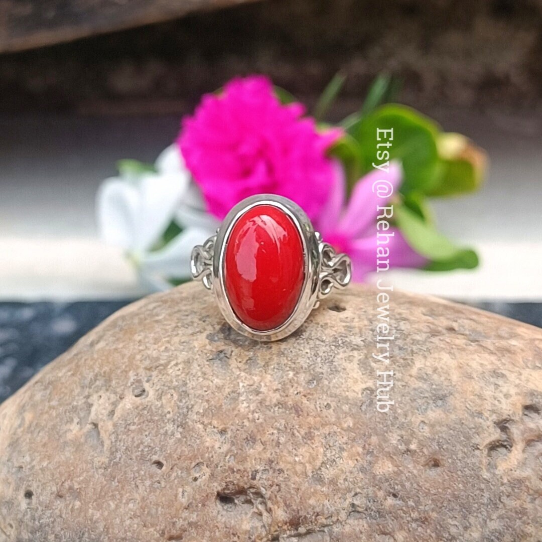 Natural Oval Shape Red Coral 925 Sterling Silver Ring, Moonga Stackable ...
