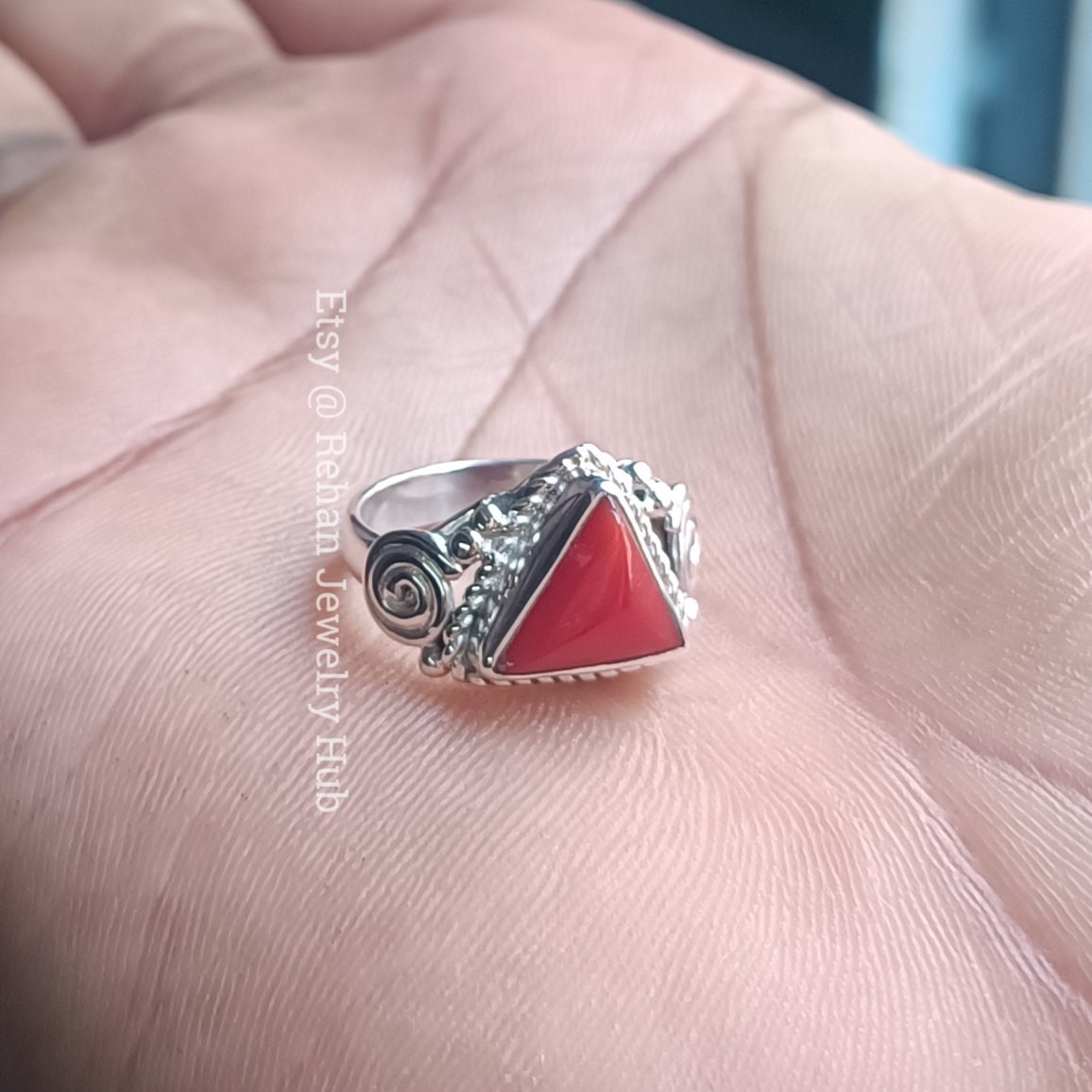 Natural Tringle Shape Red Coral 925 Sterling Silver Ring, Moonga ...
