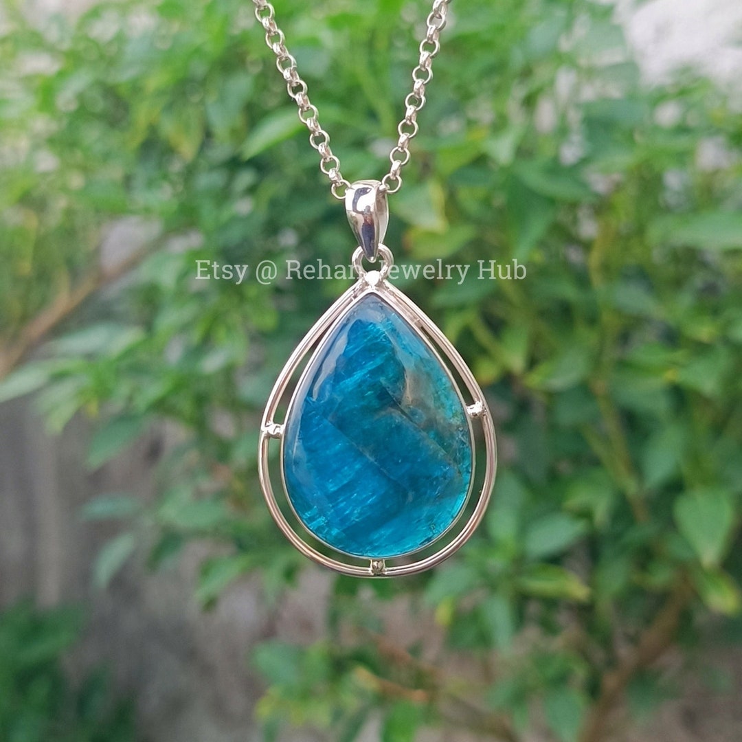 Natural Apatite Pendant, 925 Sterling Silver Pendant, Blue Apatite ...