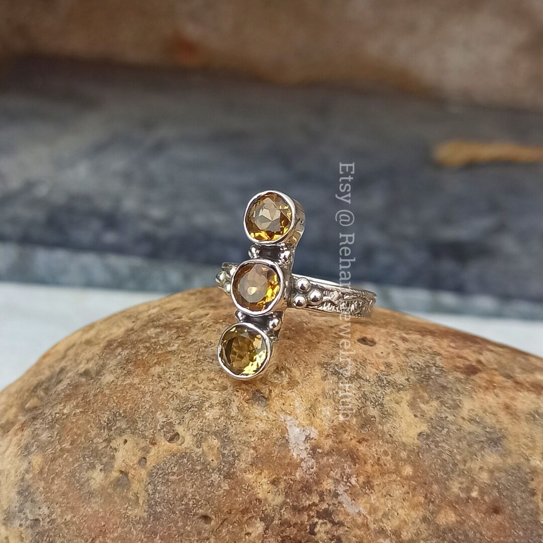 Natural Yellow Topaz Gemstone 925 Sterling Silver Ring, Three Stone ...