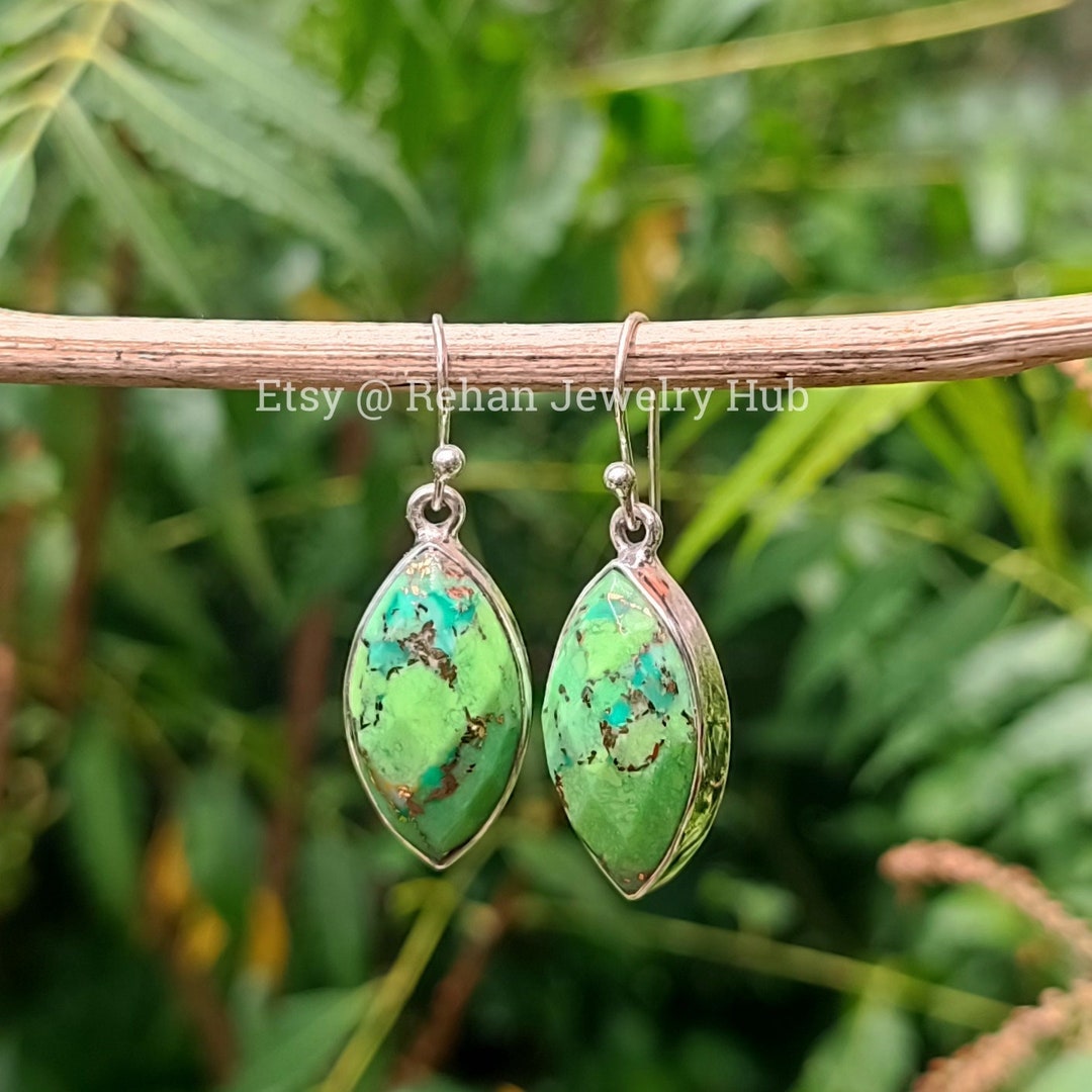 Natural Green Copper Turquoise Earrings, 925 Sterling Silver Earrings ...