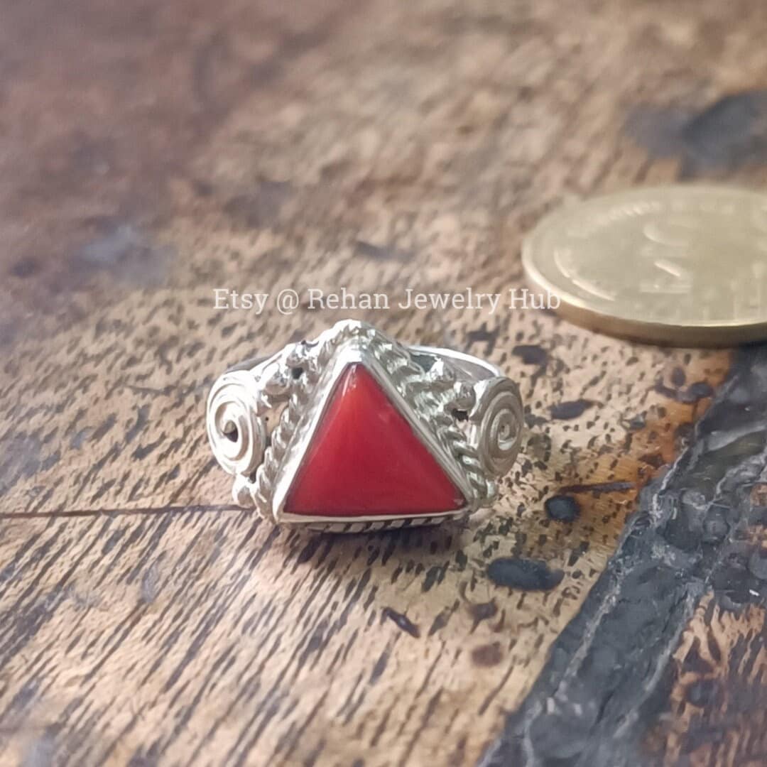Natural Tringle Shape Red Coral 925 Sterling Silver Ring, Moonga ...
