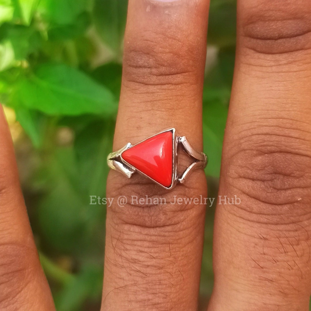 Natural Tringle Shape Red Coral 925 Sterling Silver Ring, Moonga ...
