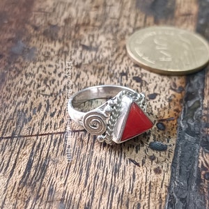 Natural Tringle Shape Red Coral 925 Sterling Silver Ring, Moonga ...