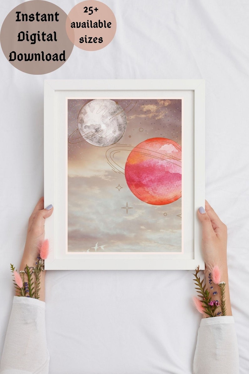 Galaxy Pink Watercolor Planets Wall Art Space Printable Decor Outer ...