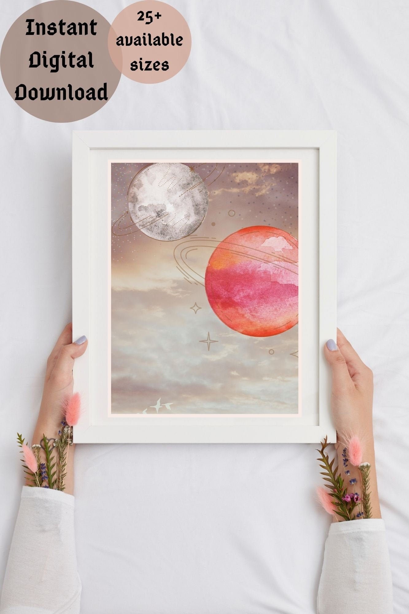 Galaxy Pink Watercolor Planets Wall Art Space Printable Decor Outer ...
