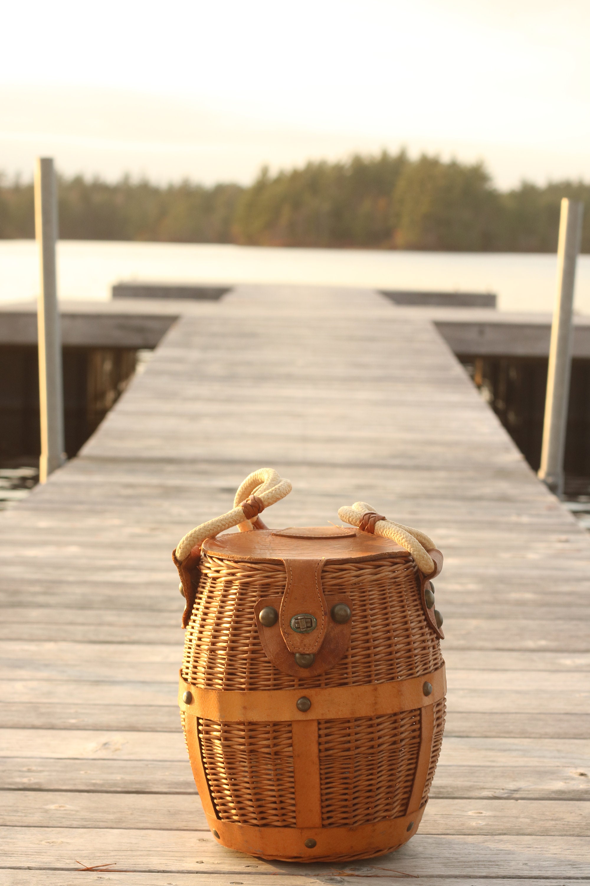 Vintage Wicker Fishing Basket Creel Leather Top - Etsy
