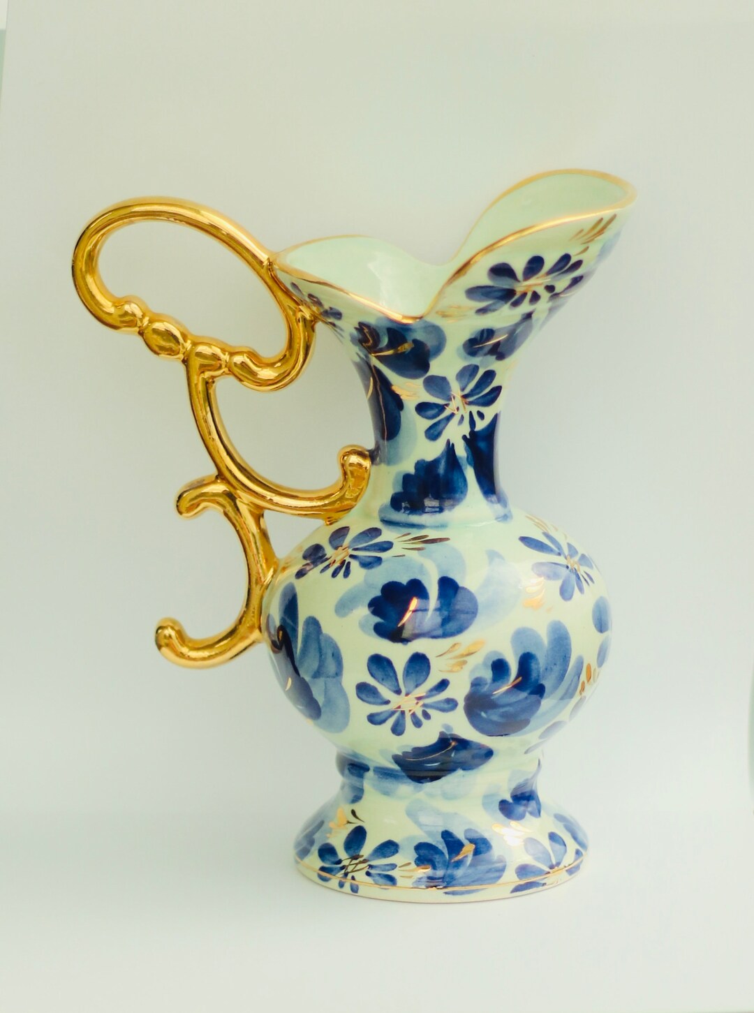 Hubert Bequet Hand Painted Blue, White and Gold Decorative Pitcher/vase ...