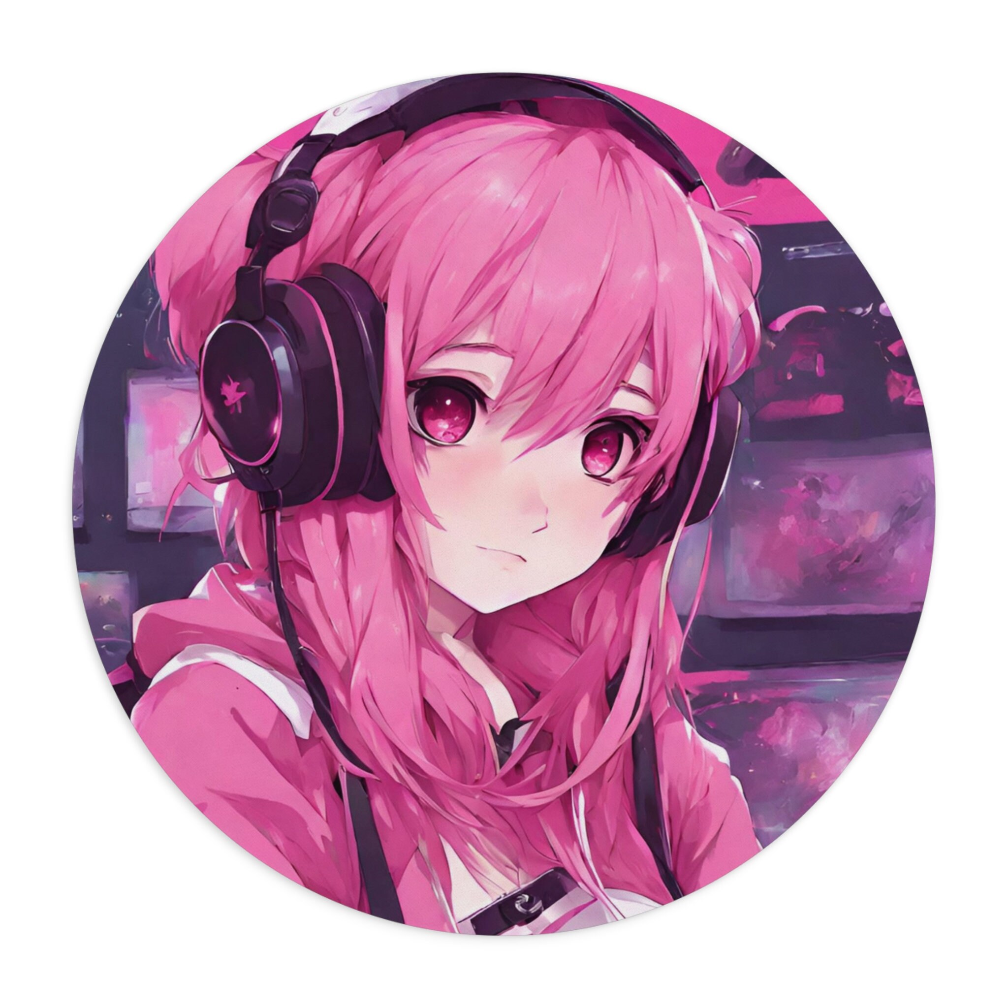 Pretty In Pink Anime Gamer Girl Kawaii Desk Mat Circle Mouse Pad Extended Mouse Pad For