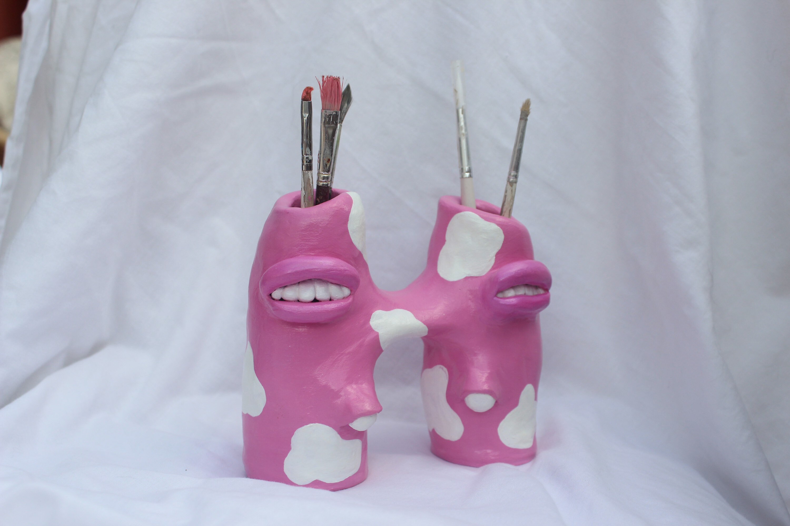Double Clay Vase Pen Holder Clay Sculpture Cow Print Pink and - Etsy