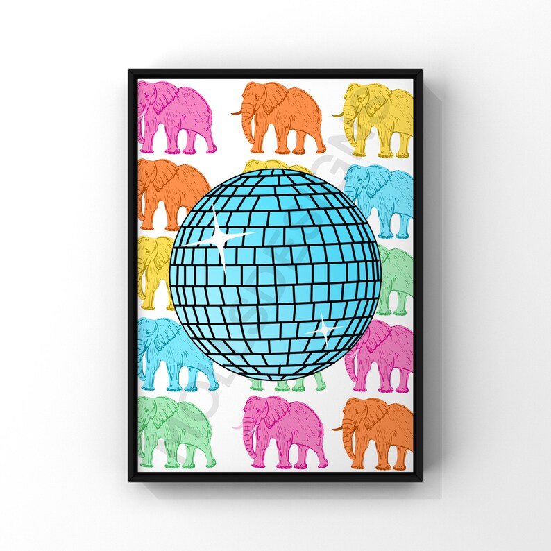 Preppy Colorful Disco Ball Elephant Wall Art Design digital - Etsy