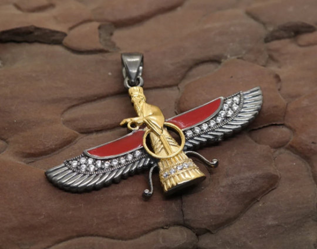 Customizable Ahura Mazda Necklace With Zircon, 925 Silver Farvahar ...