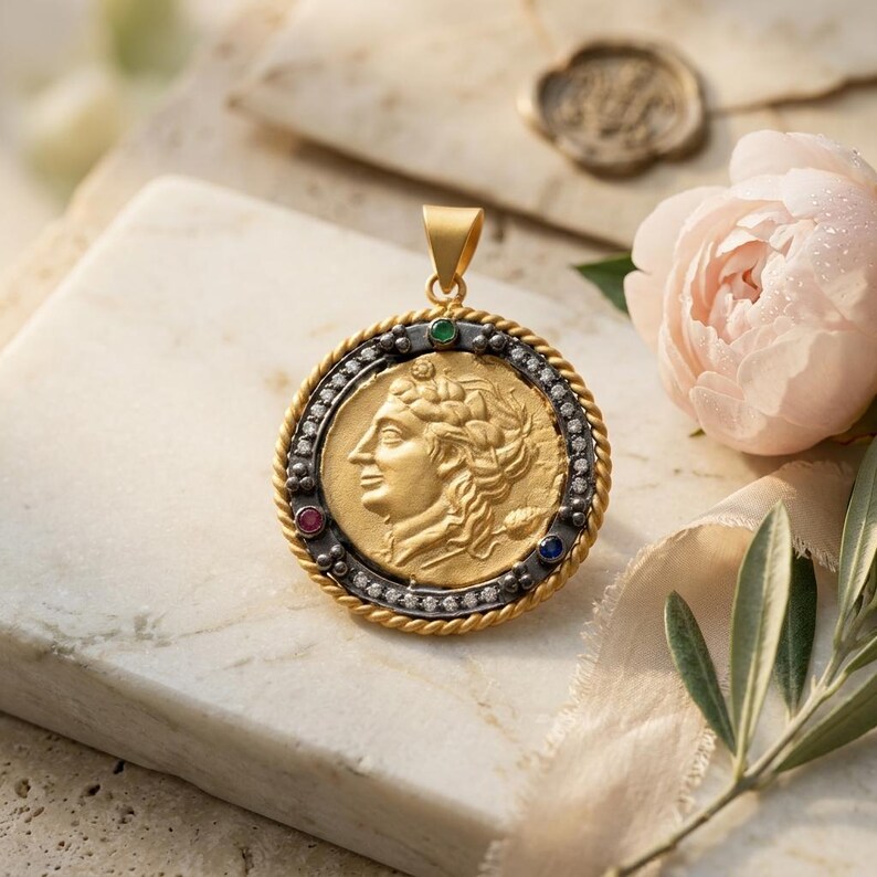 Hellenistic King Herakles Coin Pendant, Gold Plated 925 Silver, Emerald ...