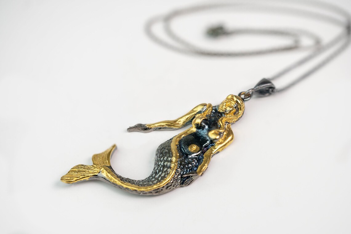 Mermaid Gold Plated Charm Necklace, Siren Necklace | 925 Silver - Etsy