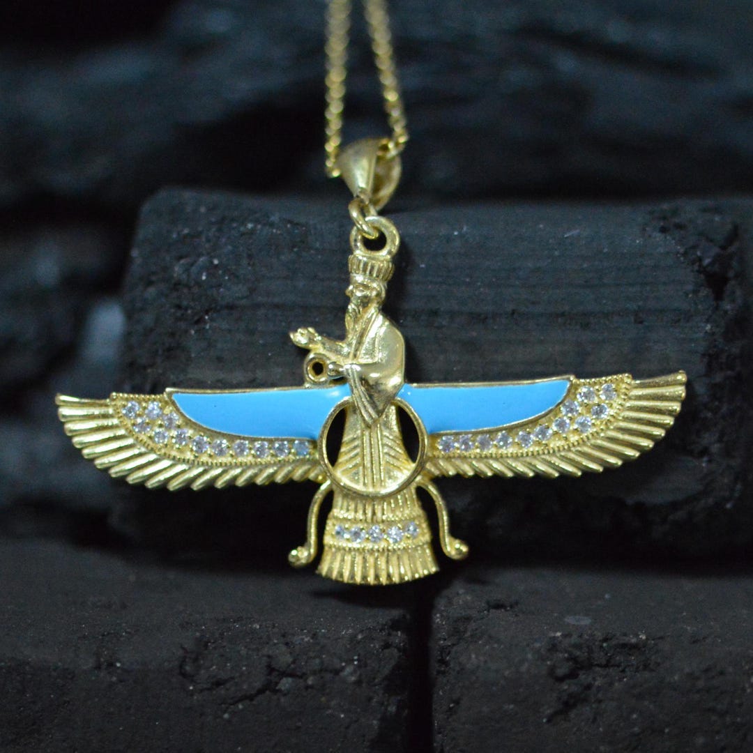 Customizable Ahura Mazda Necklace With Zircon, 925 Silver Farvahar ...