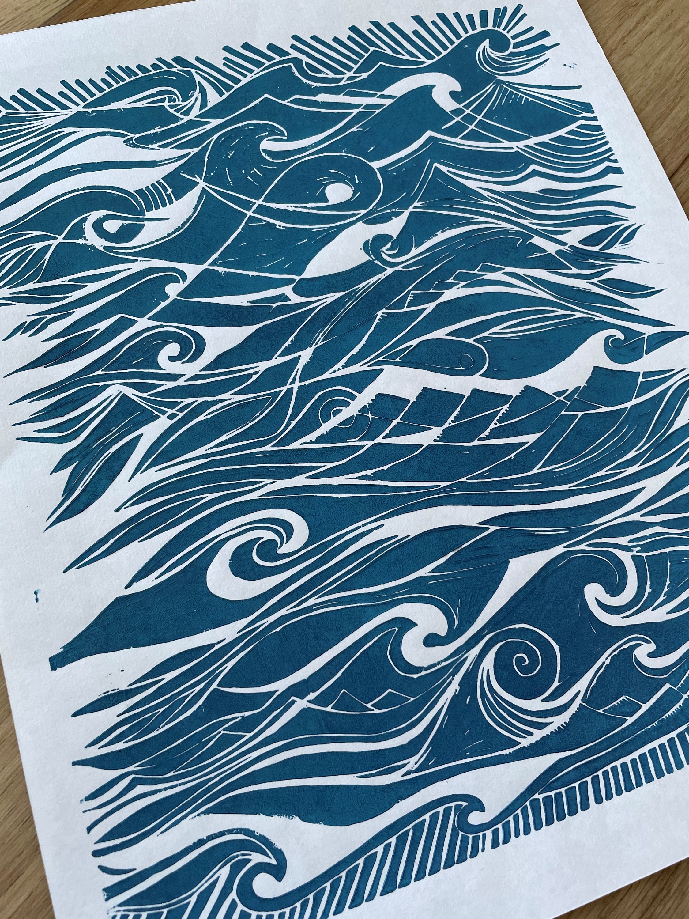 Abstract Ocean original lino print Linogravure Art original bleu marine ...