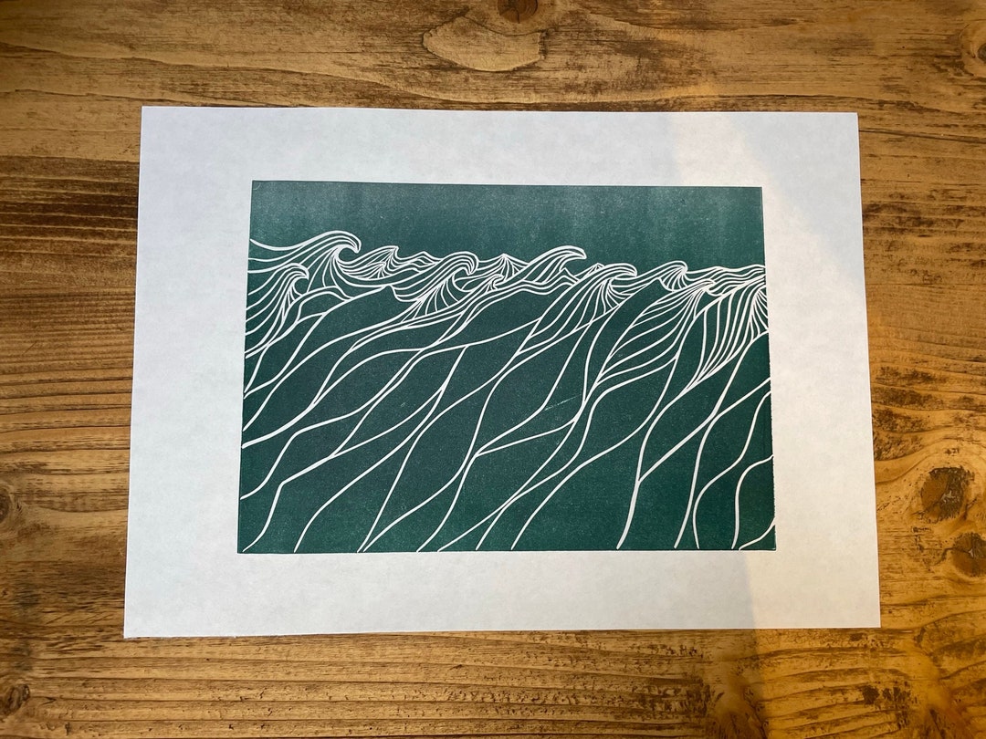 Windswept Waves original lino print, art linogravure imprimé à la main ...
