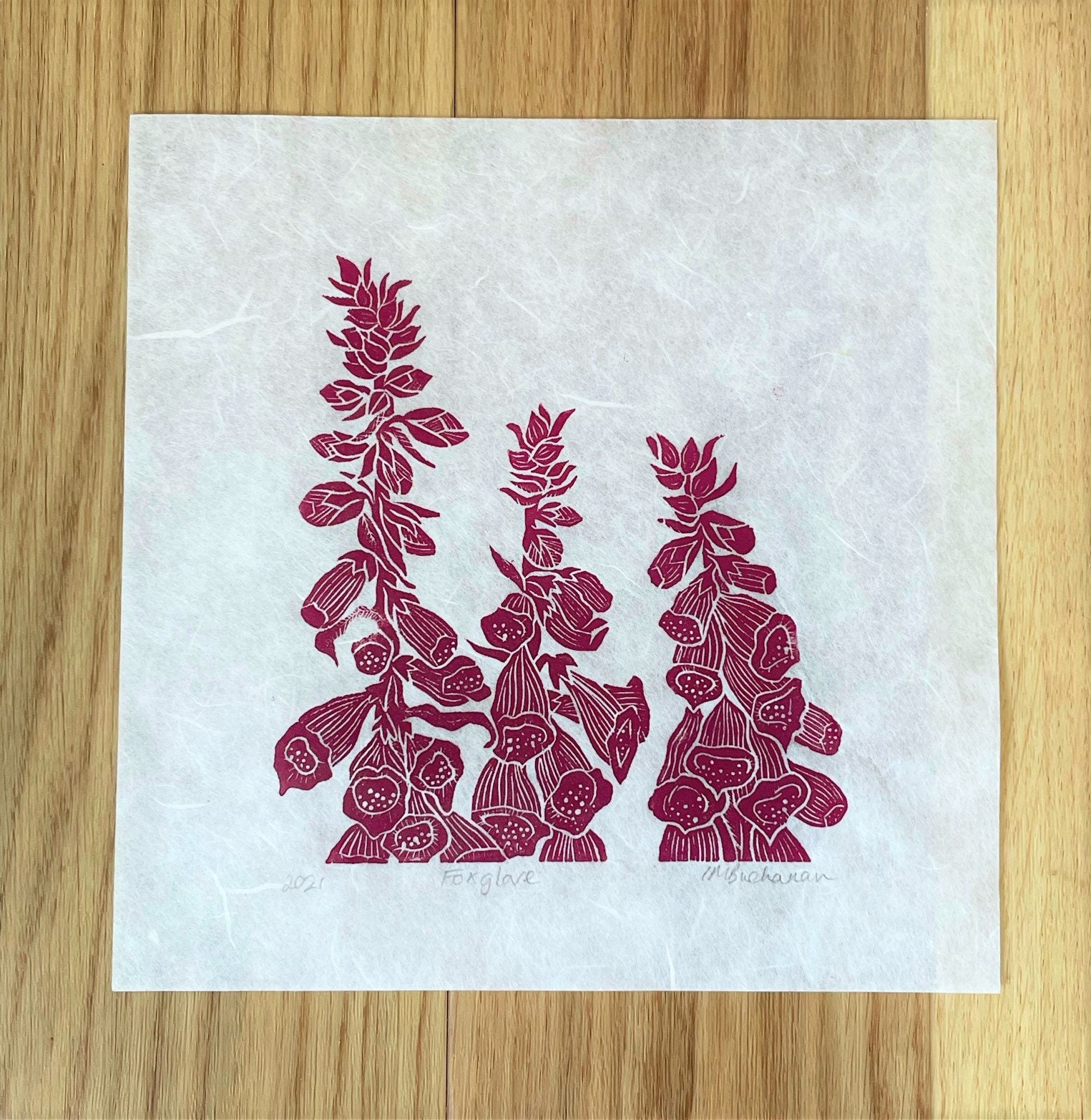 Wild Foxglove - Original Handprinted Linocut Print, Pink Linoprint ...