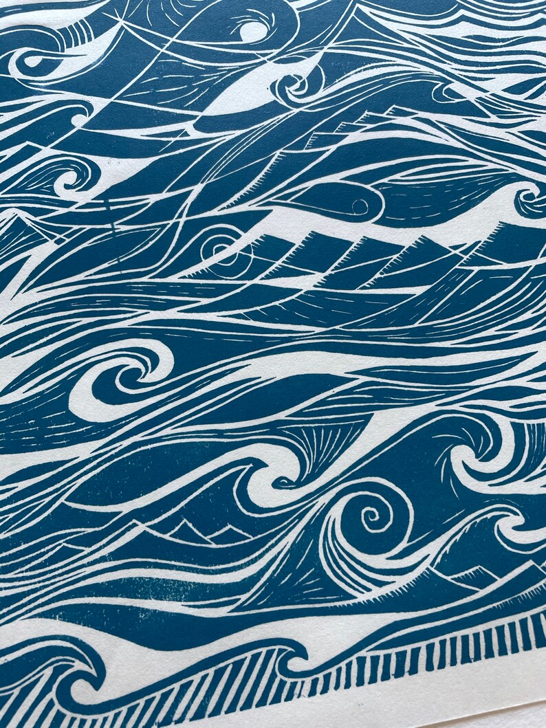 Abstract Ocean Original Lino Print Linocut Original Art Blue Marine ...