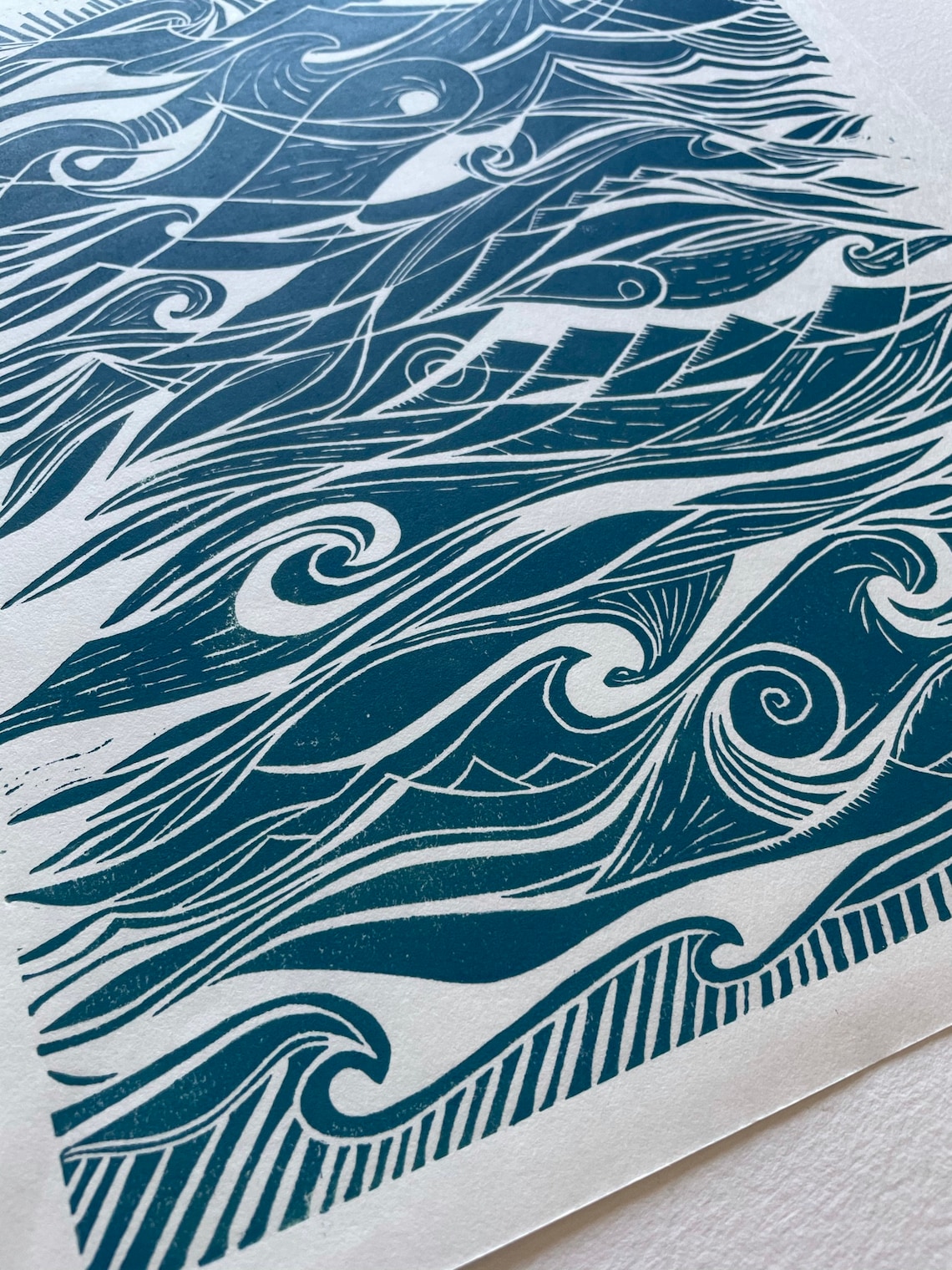 Abstract Ocean Original Lino Print Linocut Original Art Blue Marine ...
