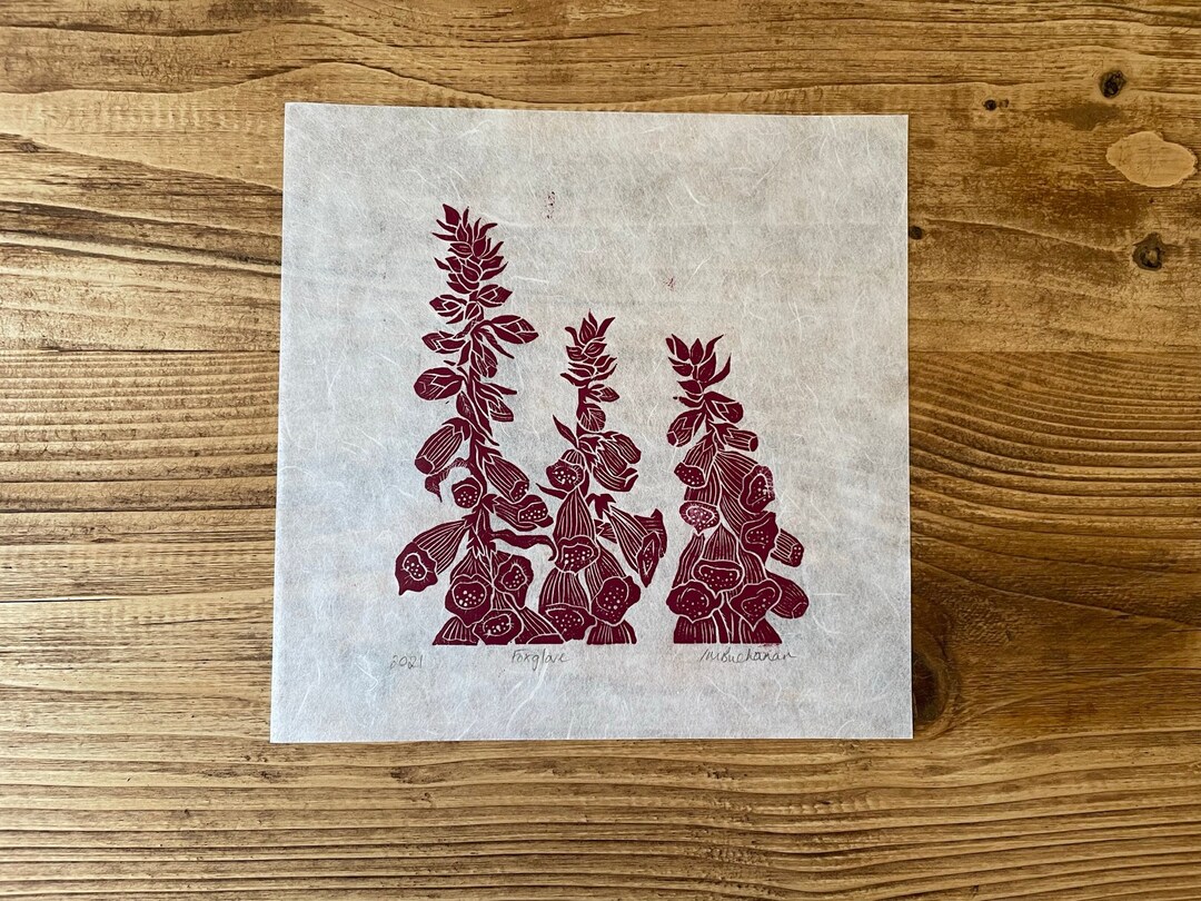 Wild Foxglove - Original Handprinted Linocut Print, Pink Linoprint ...