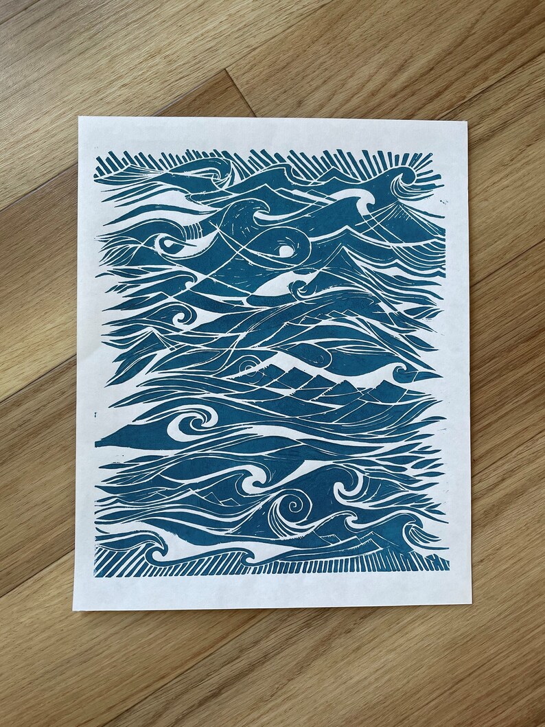 Abstract Ocean Original Lino Print Linocut Original Art Blue Marine ...