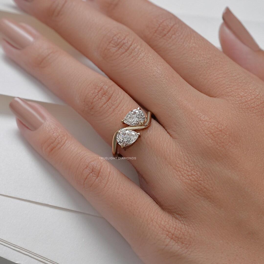 Pear Cut Lab Grown Diamond Wedding Ring/ Two Stone CVD Diamond Bypass ...