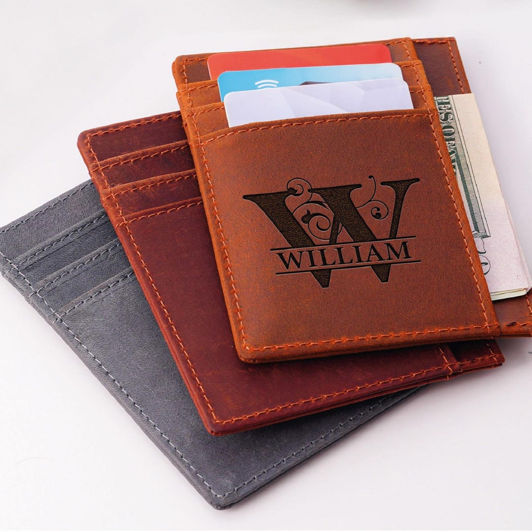 Personalized Slim Leather Wallet for Men Women, Minimalist Monogrammed ...