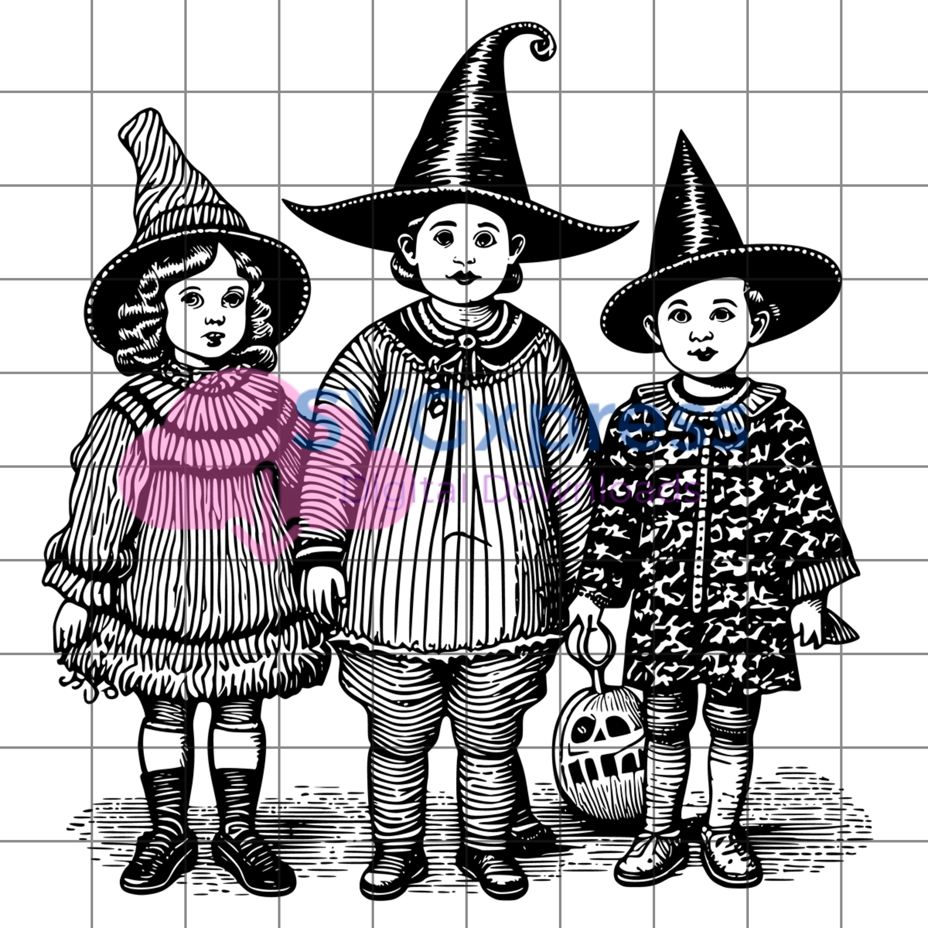 Vintage Halloween Line Drawing Children Dressed as Witches - Etsy