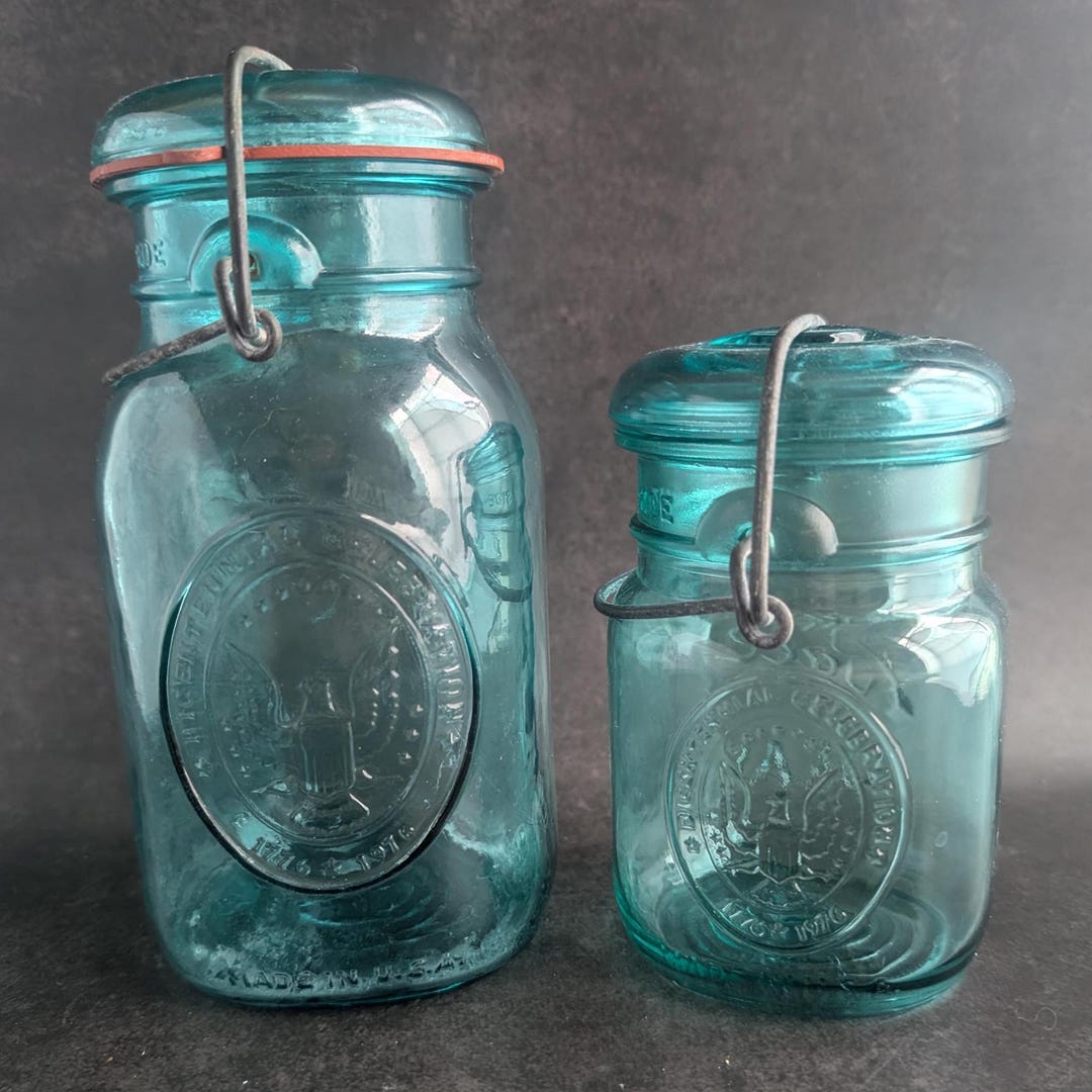 Vintage Ball Ideal Jar Bicentennial Quart and Pint Glass Aqua Wire Bail ...