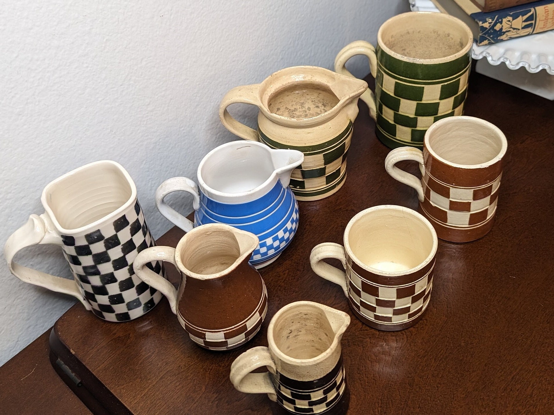 Antique Mocha Ware Checkerboard Pottery Collection 19th Century Yellow ...