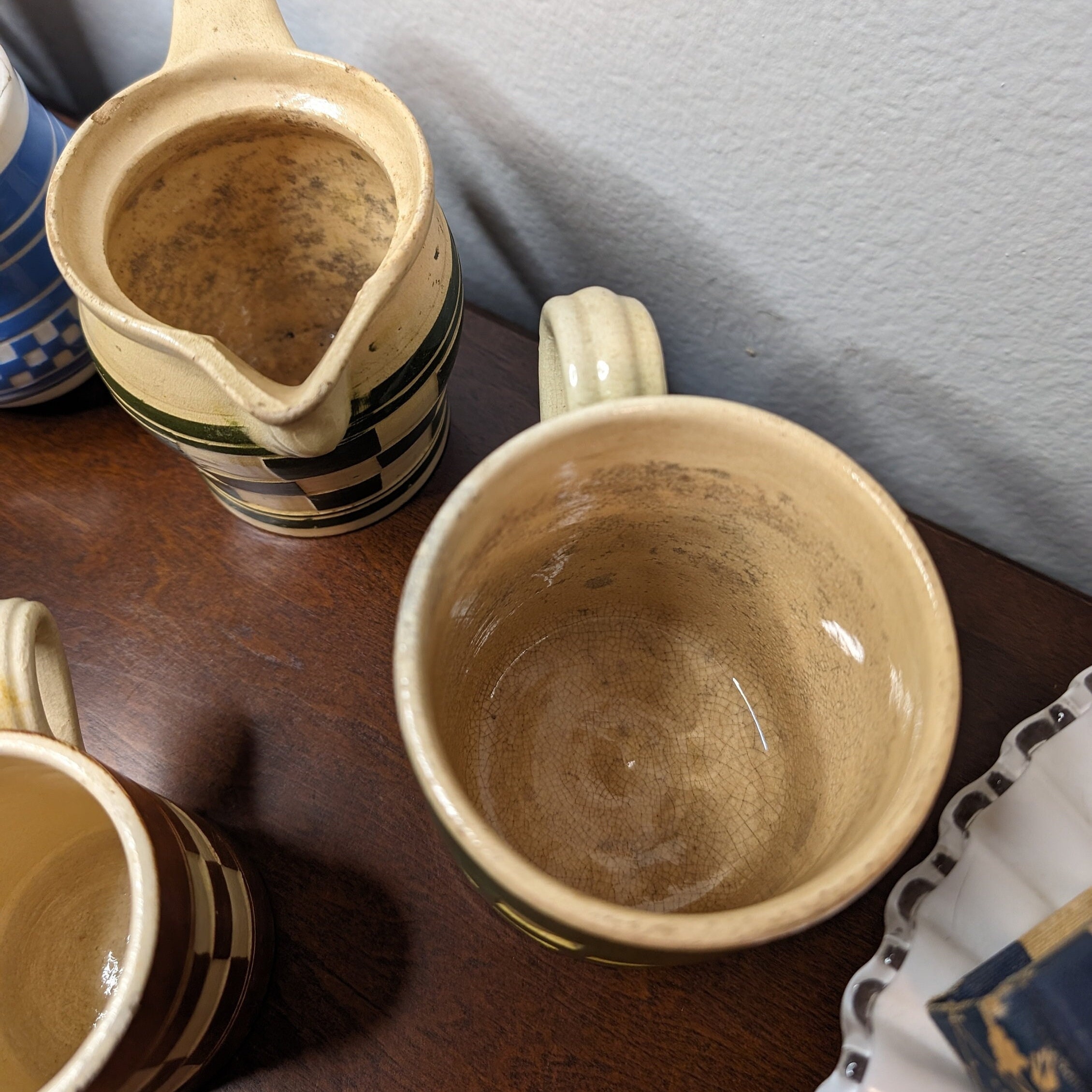 Antique Mocha Ware Checkerboard Pottery Collection 19th Century Yellow ...