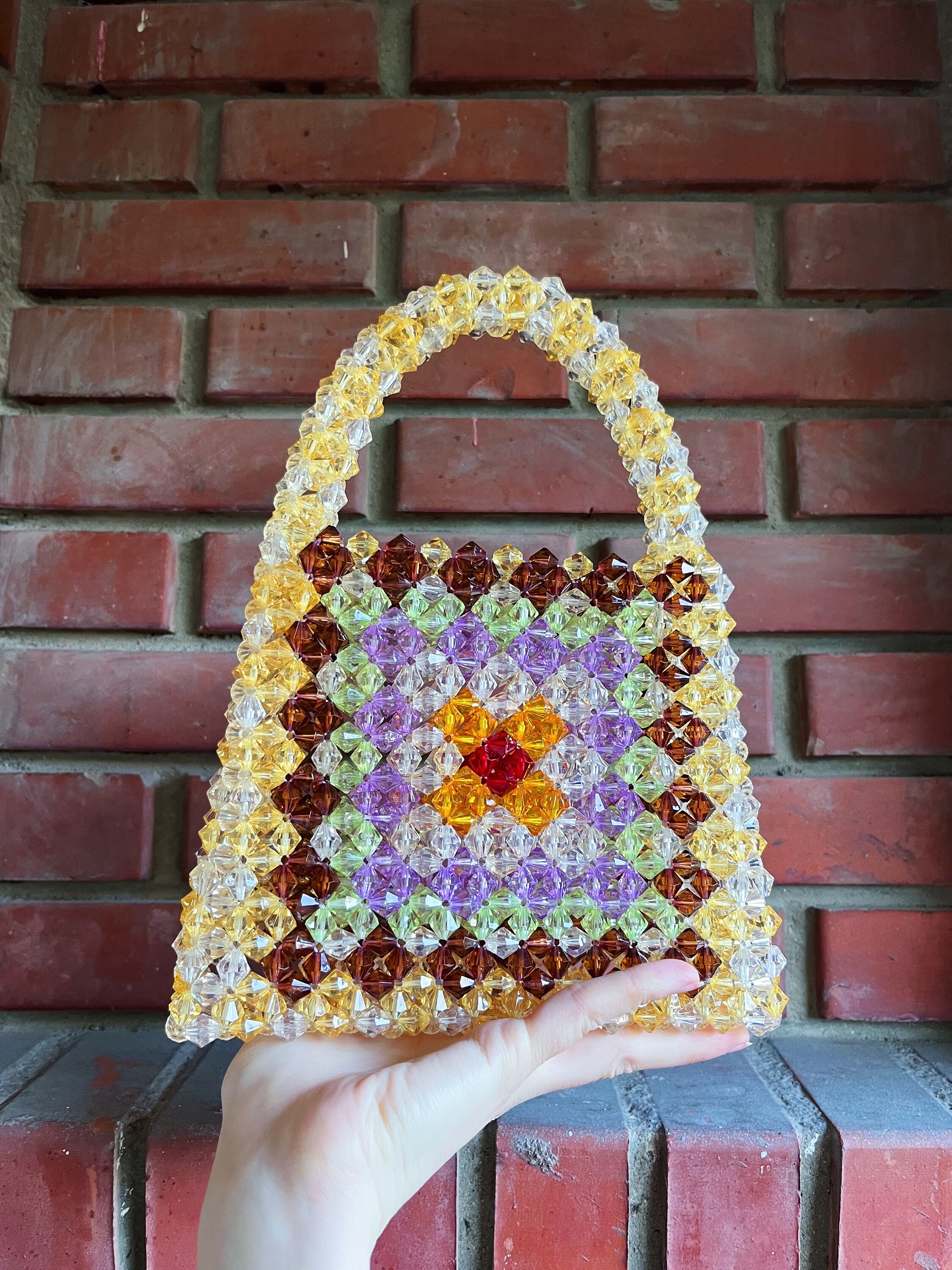 Granny Square Bead Bag, Granny Square, Crystal Orange Beaded Bag, Pink Bead Bag, Bead Shoulder ...