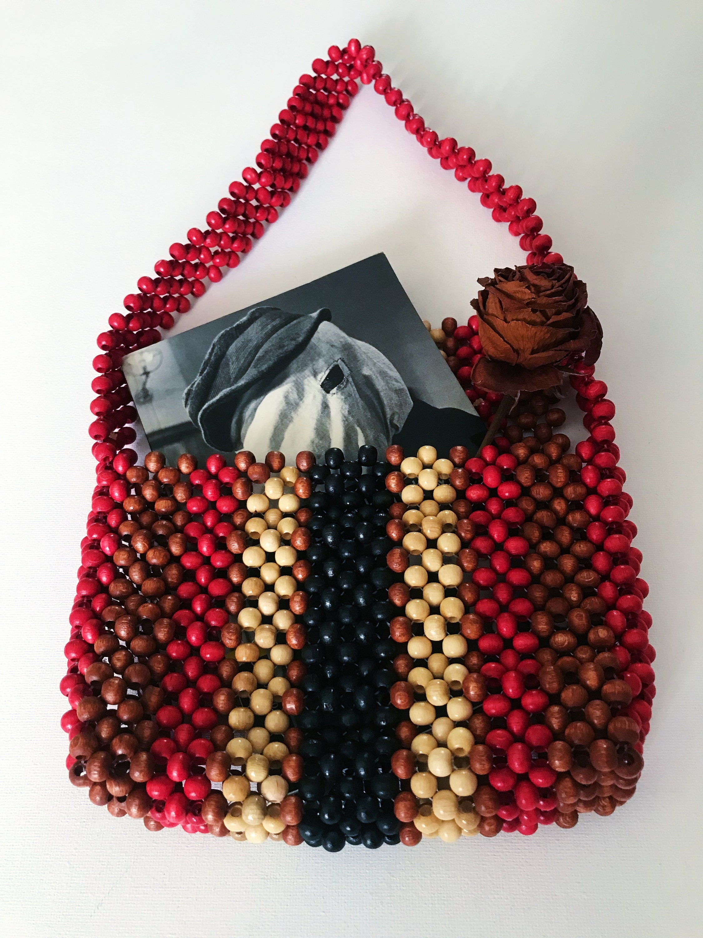 Handmade Wood Beaded Shoulder Bag, Red & Black Bead Bag - Etsy UK