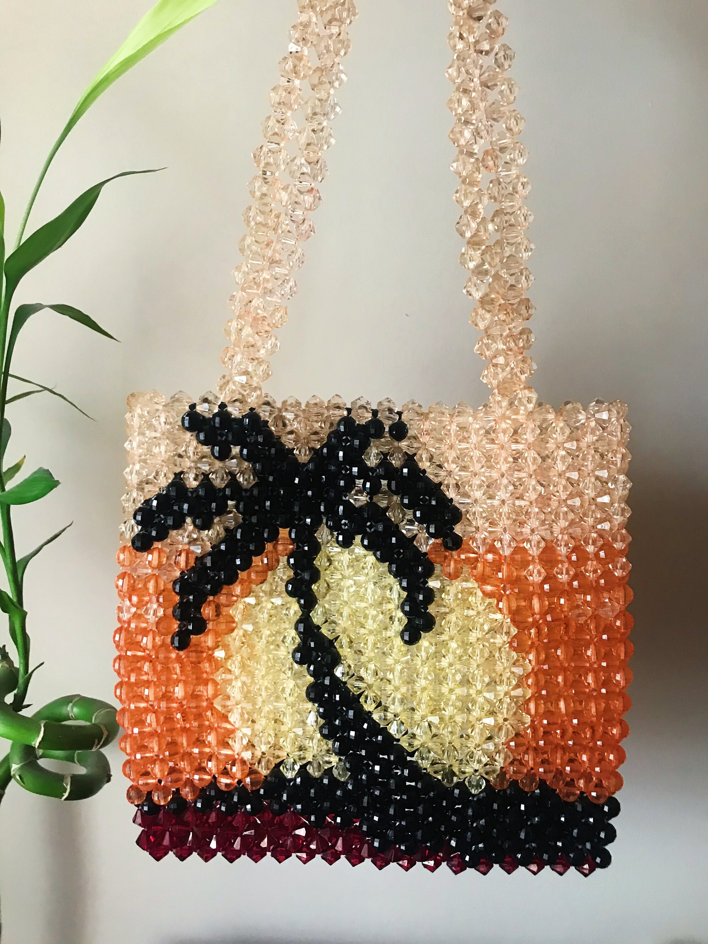 Handmade Crystal Beaded Palm Shoulder Bag, Vintage Sun Design Bead Bag ...