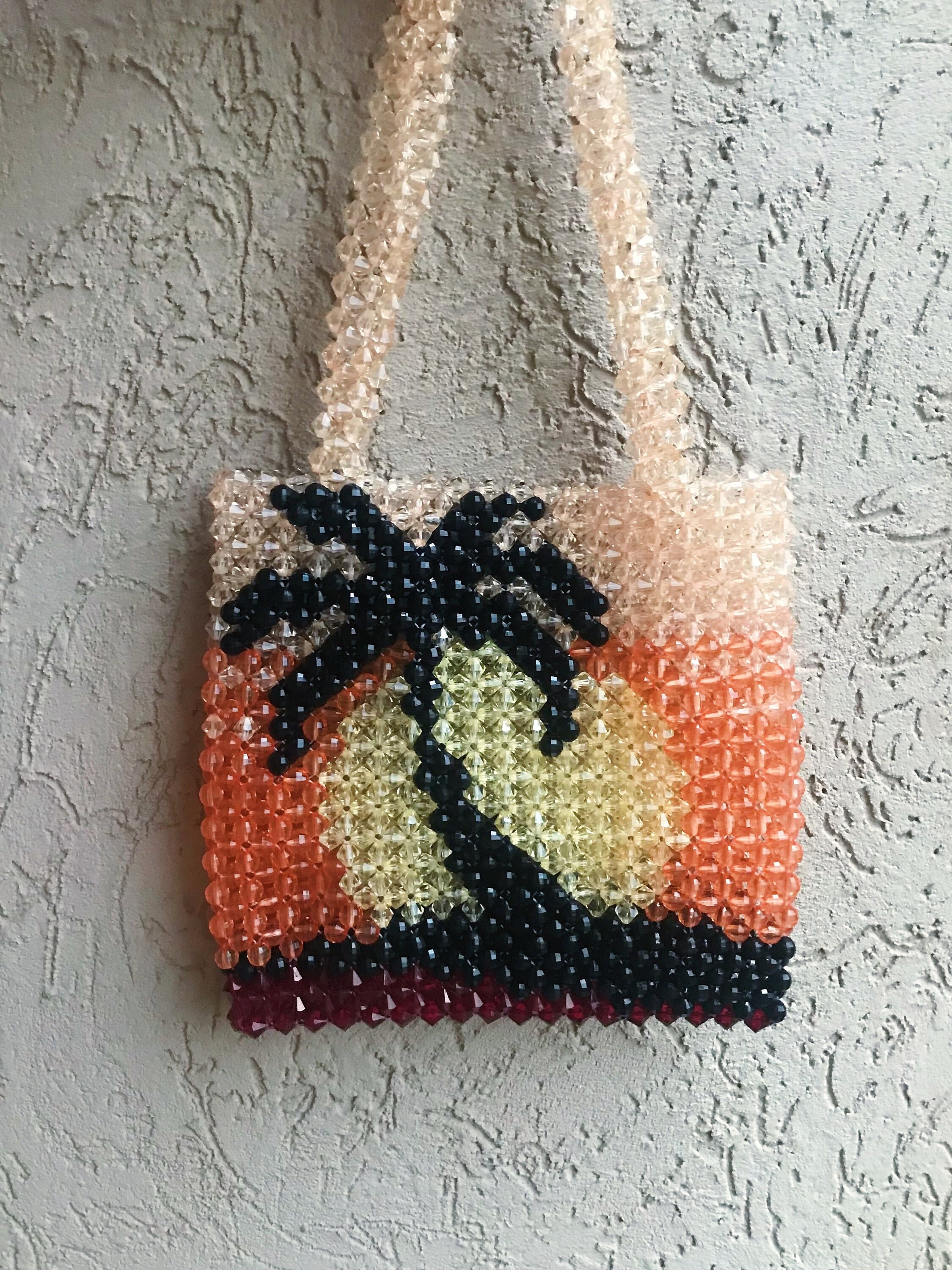Handmade Crystal Beaded Palm Shoulder Bag, Vintage Sun Design Bead Bag ...