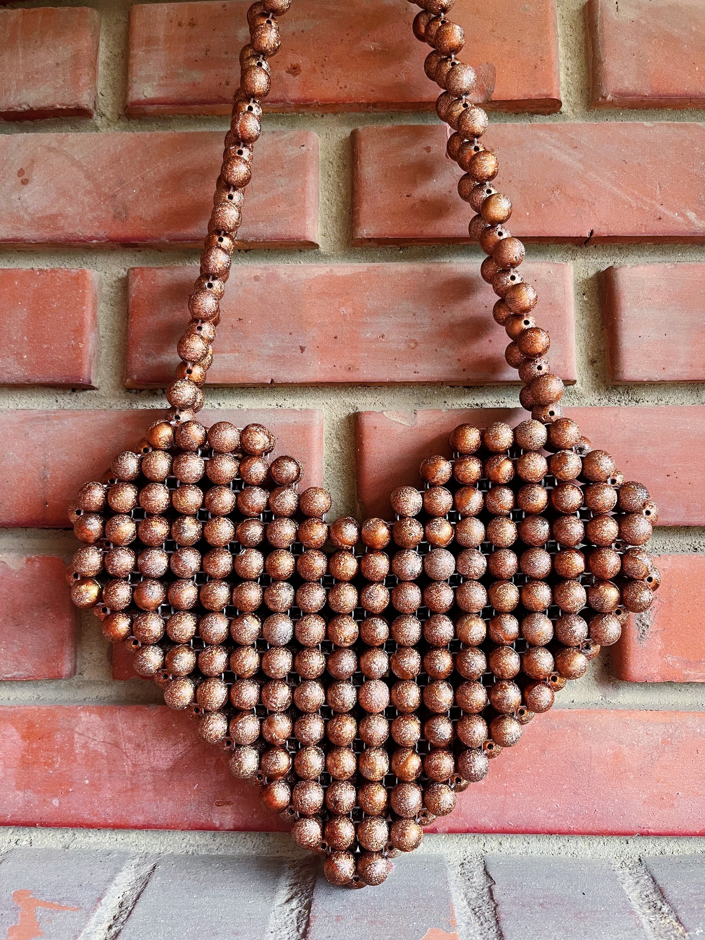Heart Bead Bag, Brown Beaded Bag, Handmade Bead Bag, Valentine's Day ...