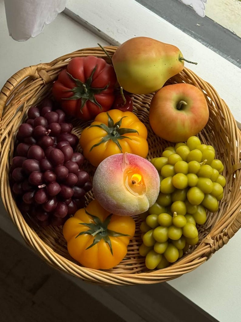 100% Beeswax Realistic Fruit Candles: Peach, Grape, Tomato, Apple, Pear ...
