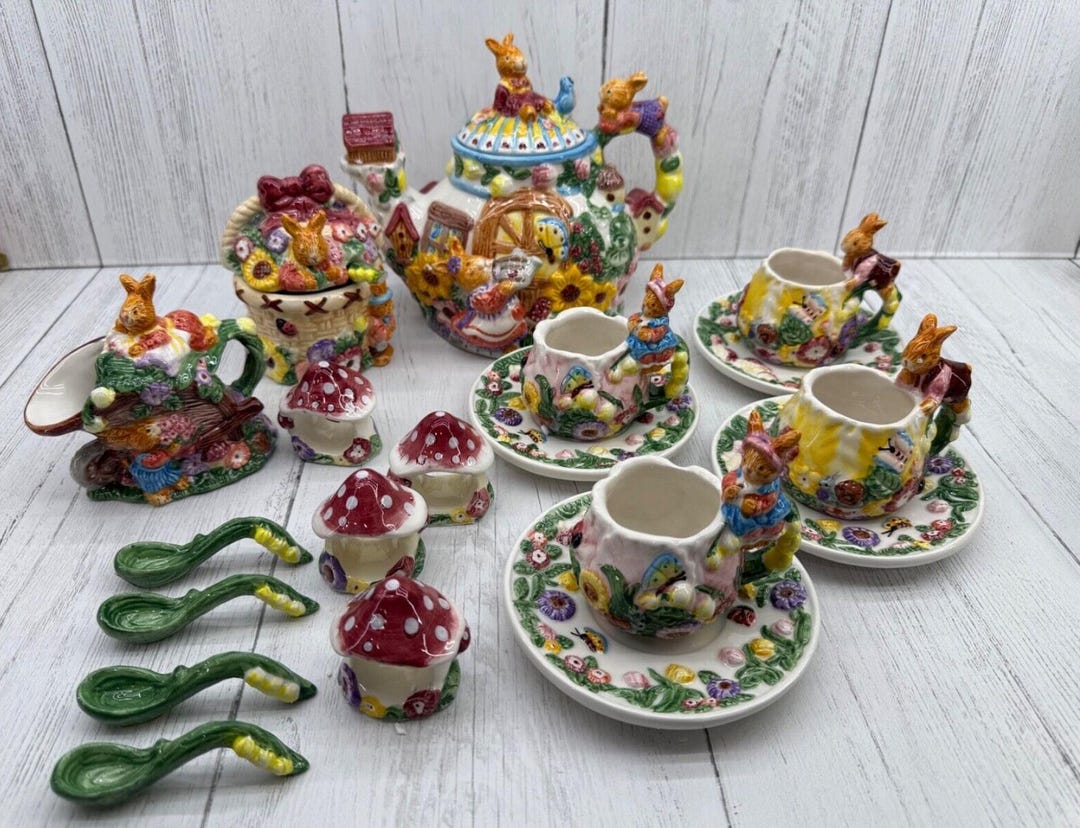 Garden Party Tea Set 20 Pc Easter Bunny Rabbit NEW Box Spring Mushrooms 1999 Vtg - Etsy