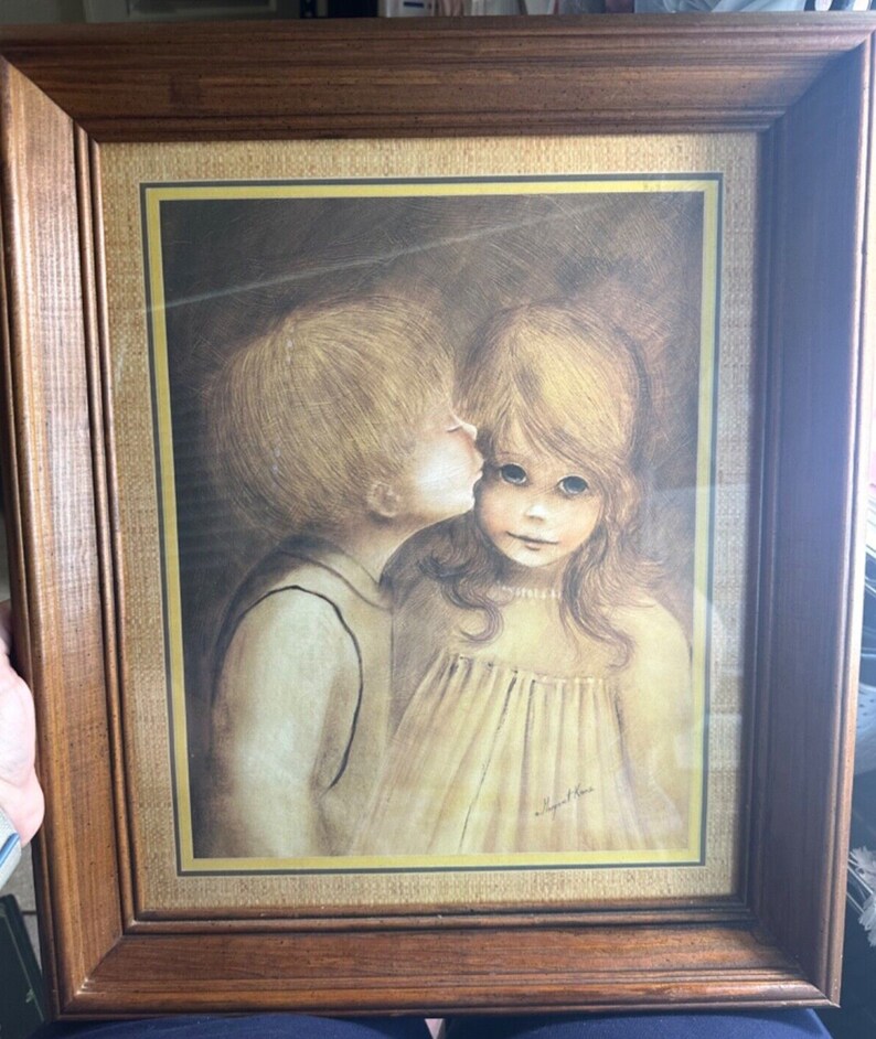 A Little Kiss Boy Girl Print Margaret Kane 1970's Big Eyes Wood Frame 17 X 20 - Etsy