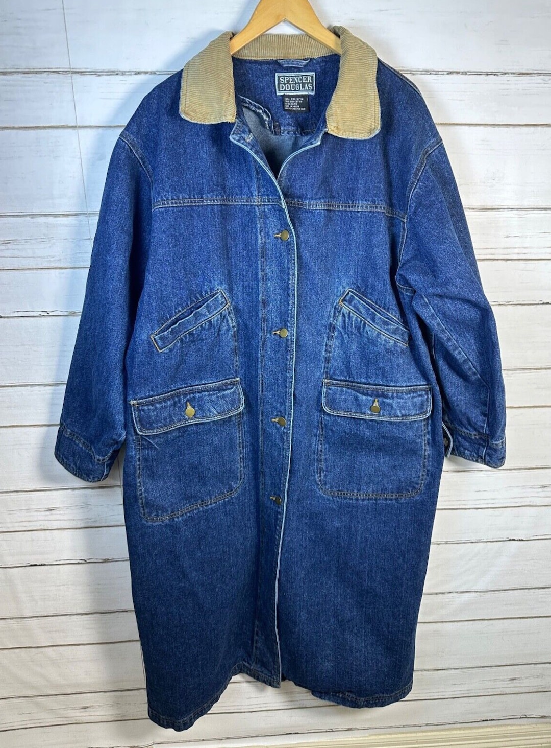 Denim Jean Corduroy Collar Duster Chore Barn Long Coat Large Vtg ...