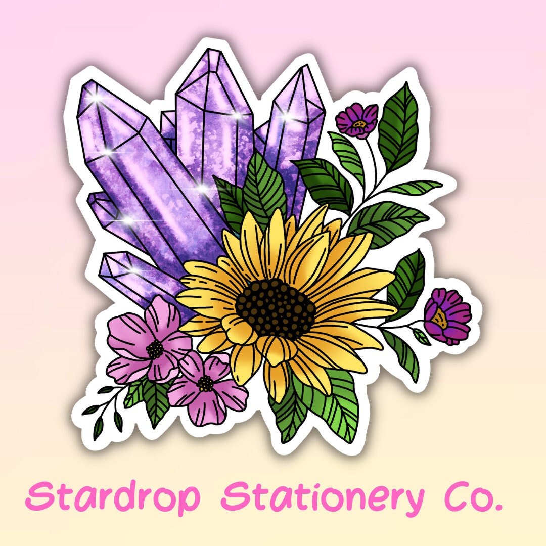 Amethyst Crystal Clusters With Flowers Die Cut Sticker | Sunflowers and ...