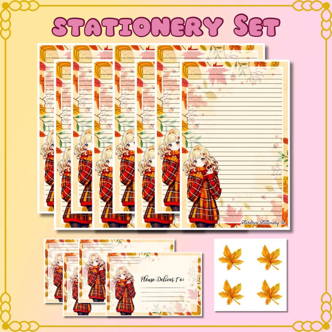 Autumn Anime Girl Stationery Set: Fall Leaves, Pen Pal Paper - Etsy