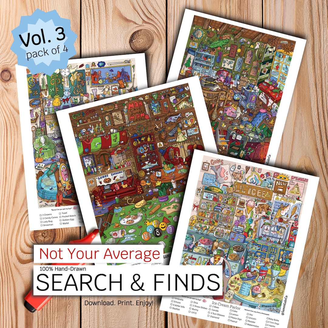 Search and Find Activity Pages – Hand-drawn Printable Hidden Object ...