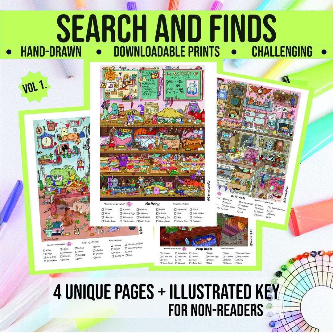 Search and Find Activity Pages for Kids – Hand-drawn Printable Hidden ...