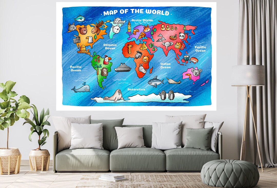 Kids World Map Wall Art, Kids Bedroom Decor, Extra Large Wall Art ...
