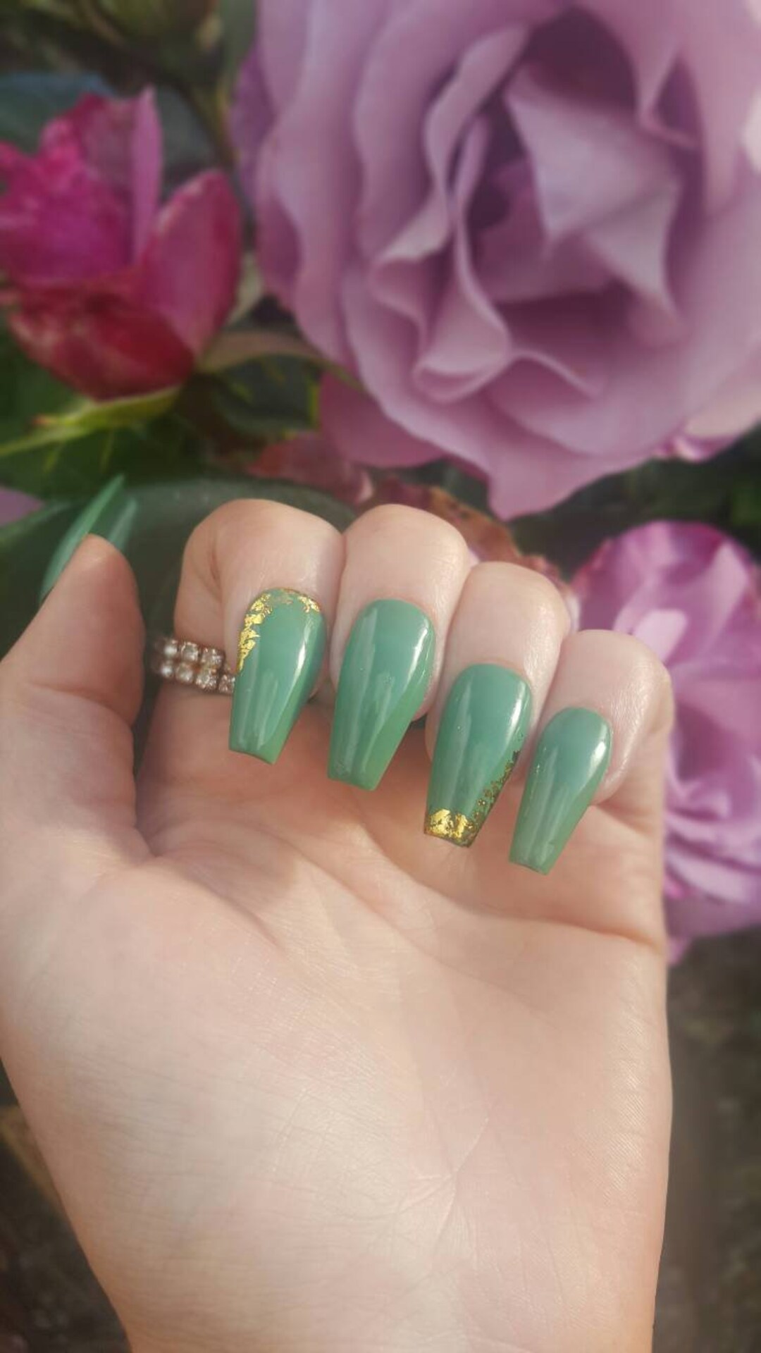 Medium Coffin Green Nail Set With Gold Leaf/ Army Green Nails/ Autumn ...
